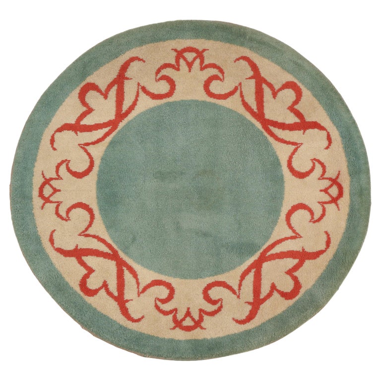 French Art Deco Turquoise Round Rug with Ferronerie Border, Circa 1935 ...