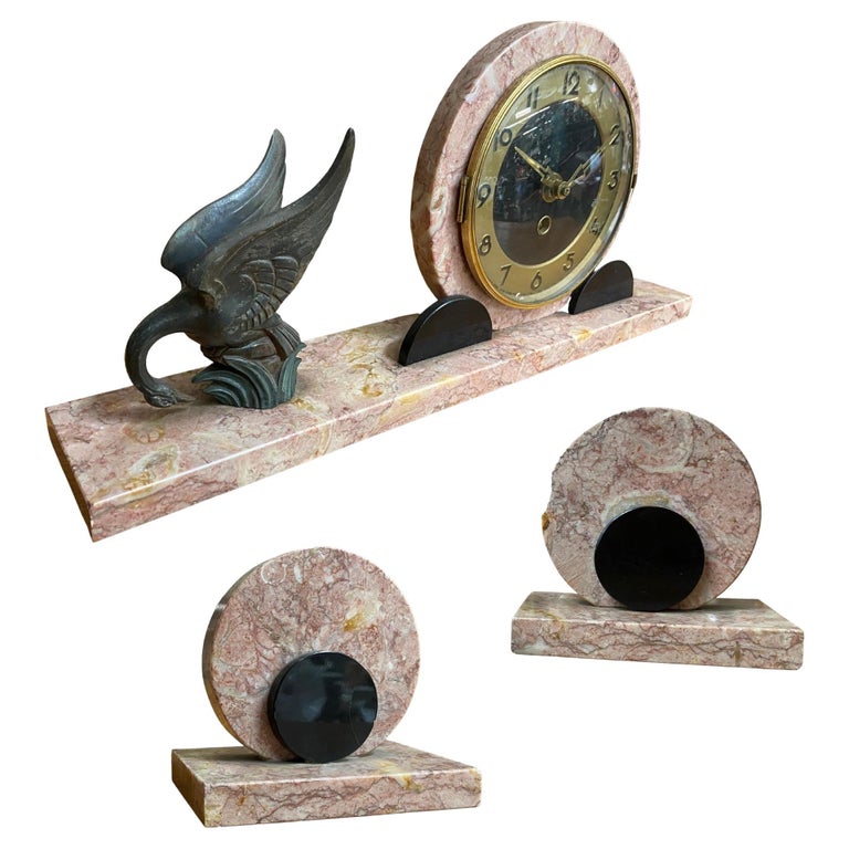 French Art Deco UCRA Bronze Swan Marble Mantle Garniture Clock Set by ...