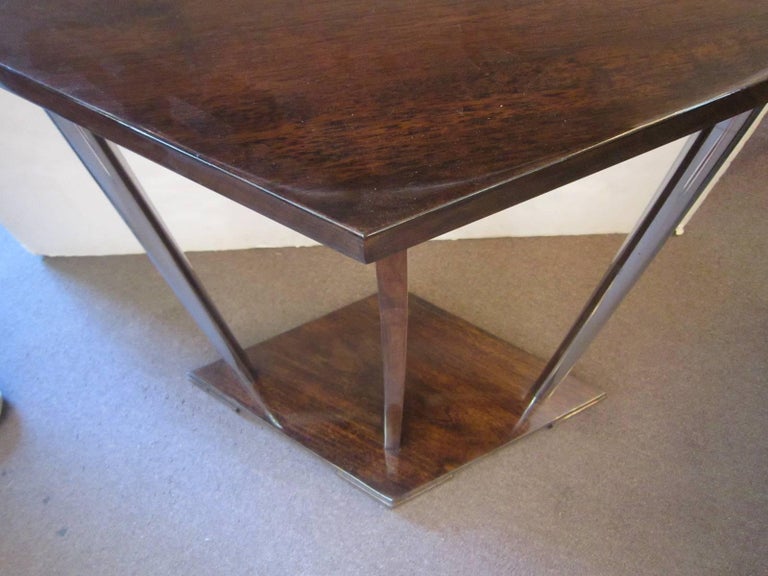 French Art Deco Unusual Diamond Shaped Walnut Side Table with Nickel ...