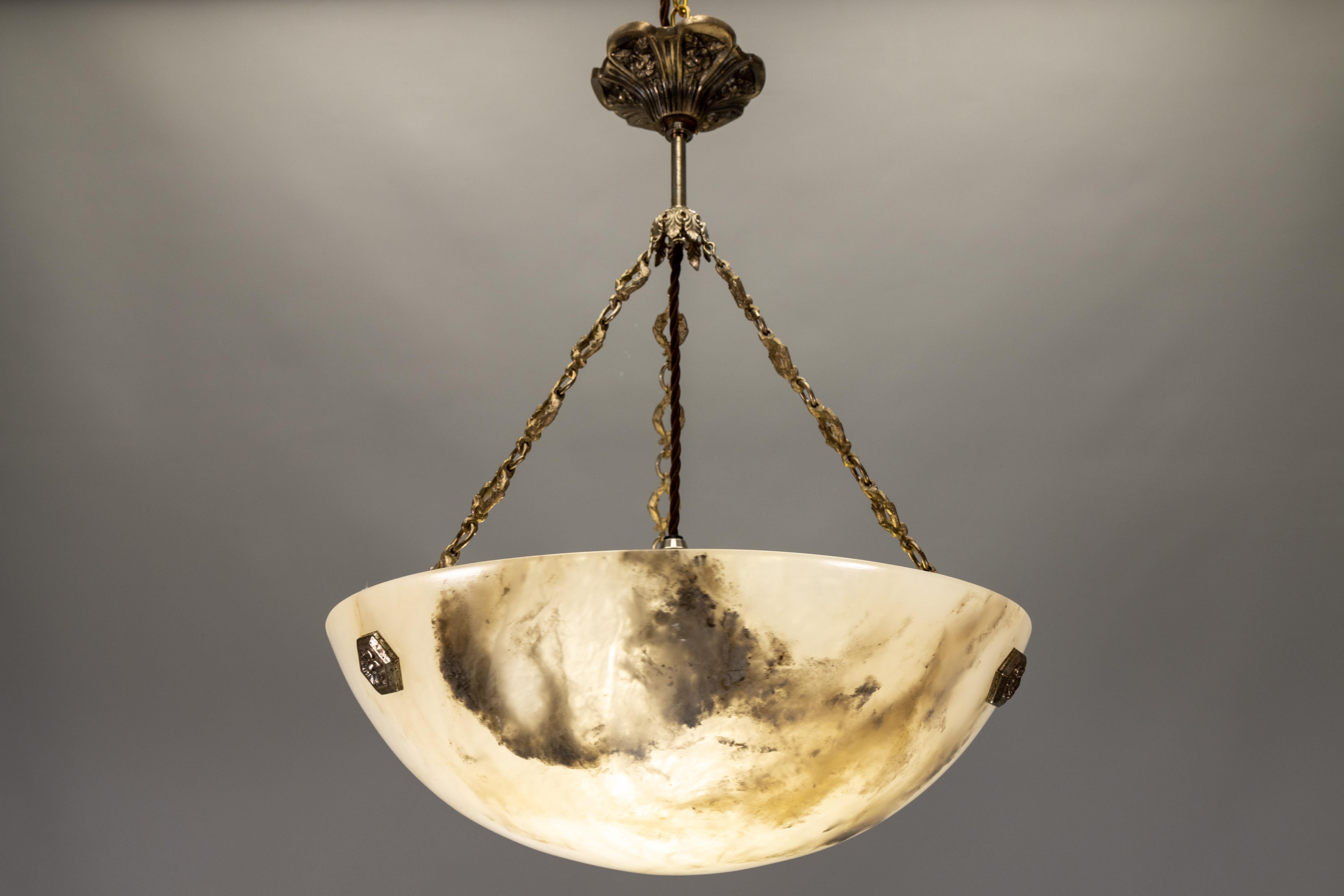 French Art Deco White Alabaster Pendant Light with Brass Details, ca ...
