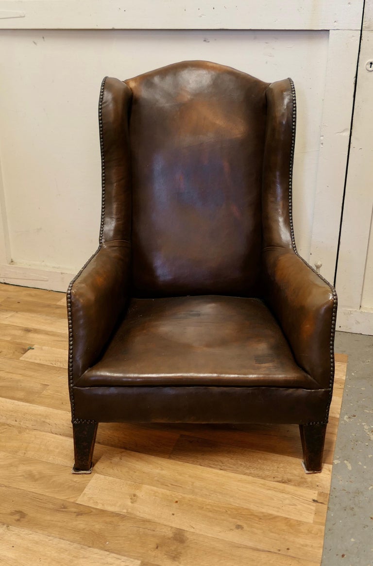 French Art Deco Wing Back Chair, in Dark Brown Leather For Sale at 1stDibs