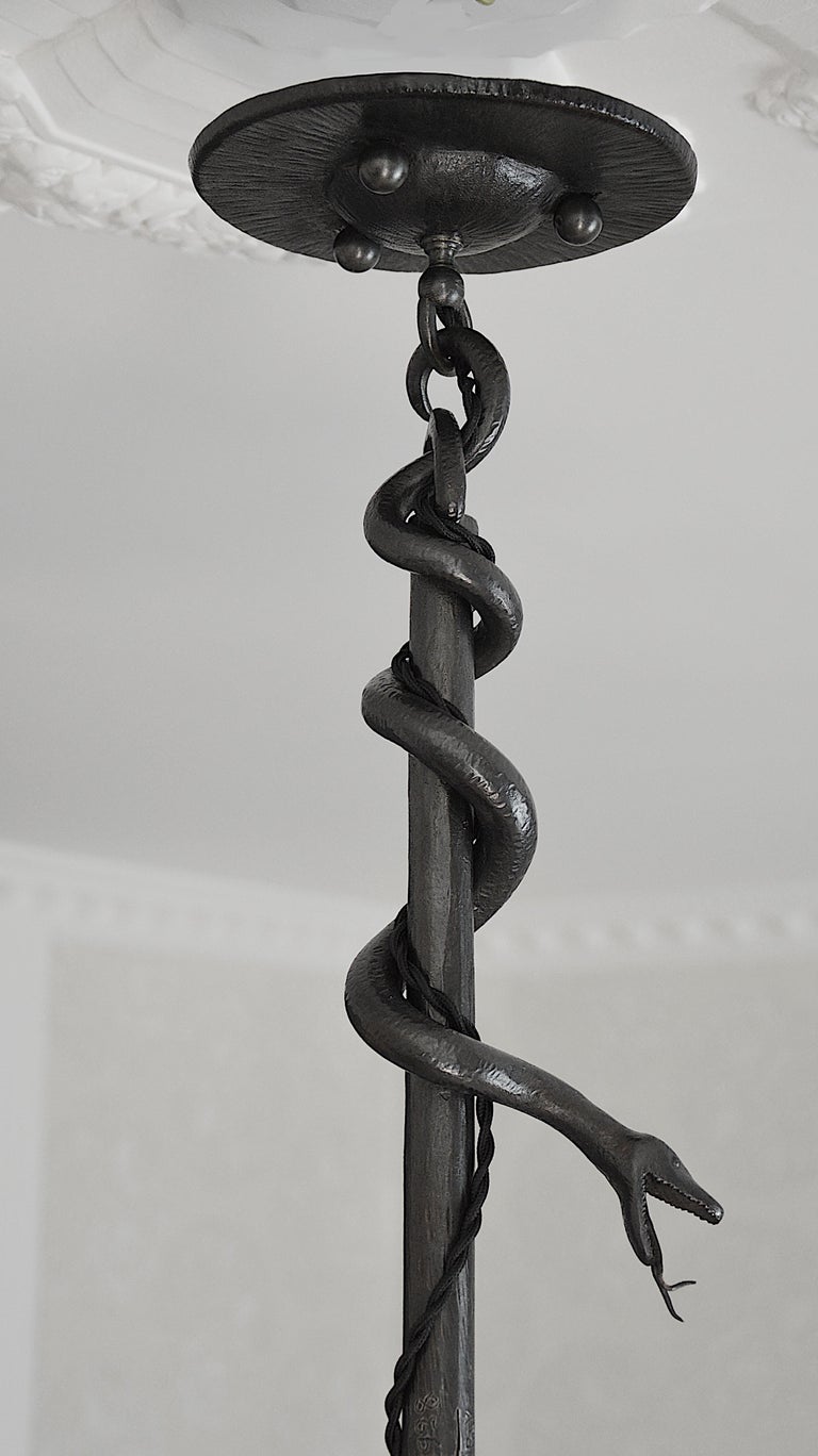 French Art Deco Wrought-Iron Snake and Alabaster Pendant Chandelier ...