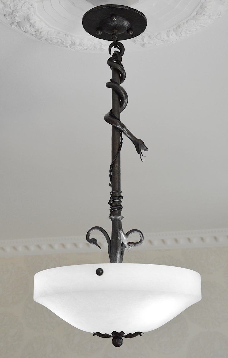 French Art Deco Wrought-Iron Snake and Alabaster Pendant Chandelier ...