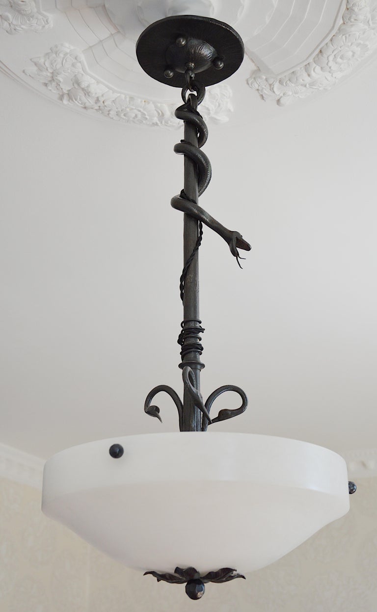 French Art Deco Wrought-Iron Snake and Alabaster Pendant Chandelier ...