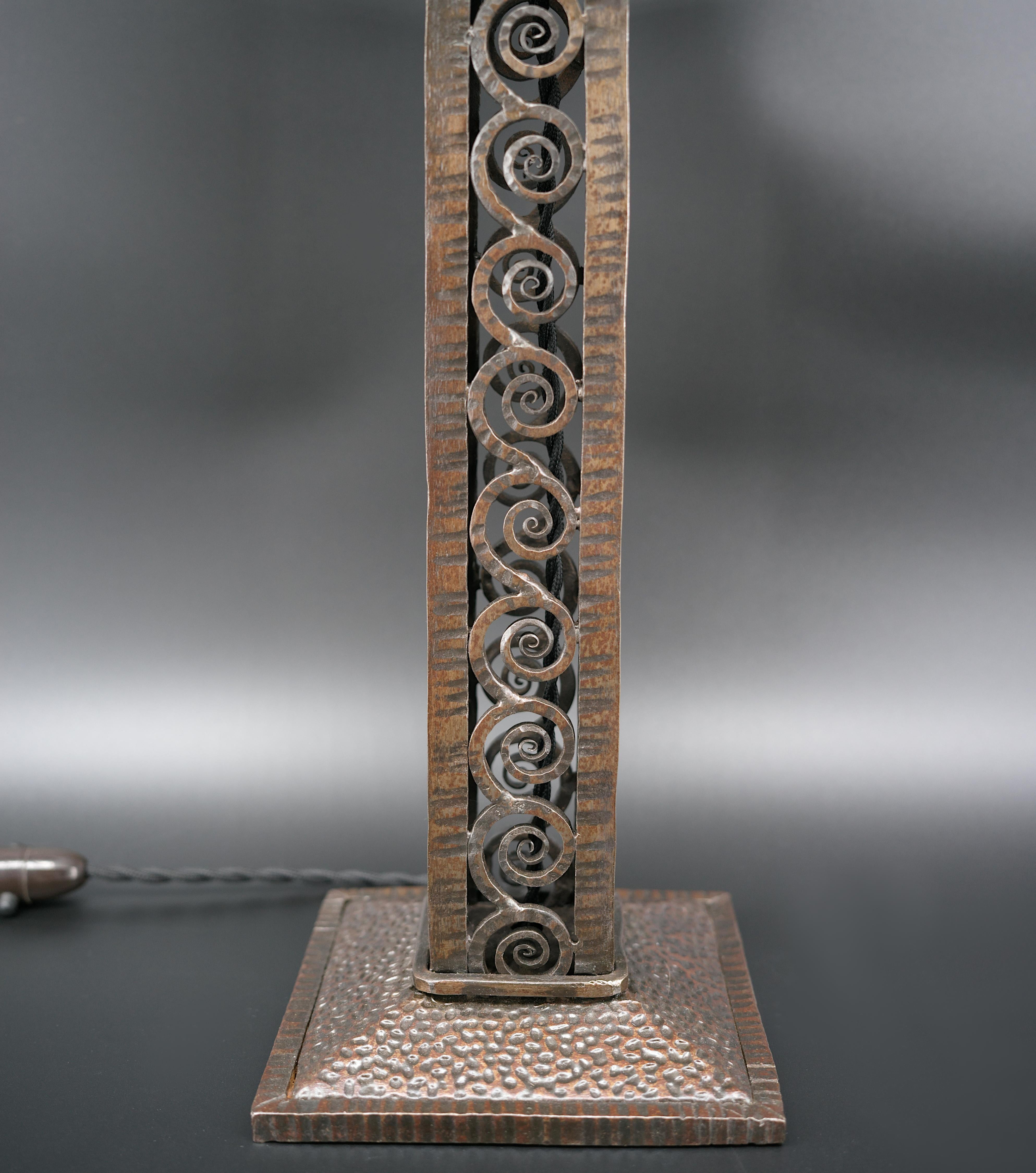 French Art Deco Wrought Iron Table Lamp, Opaque Glass Shade, 1920 For ...