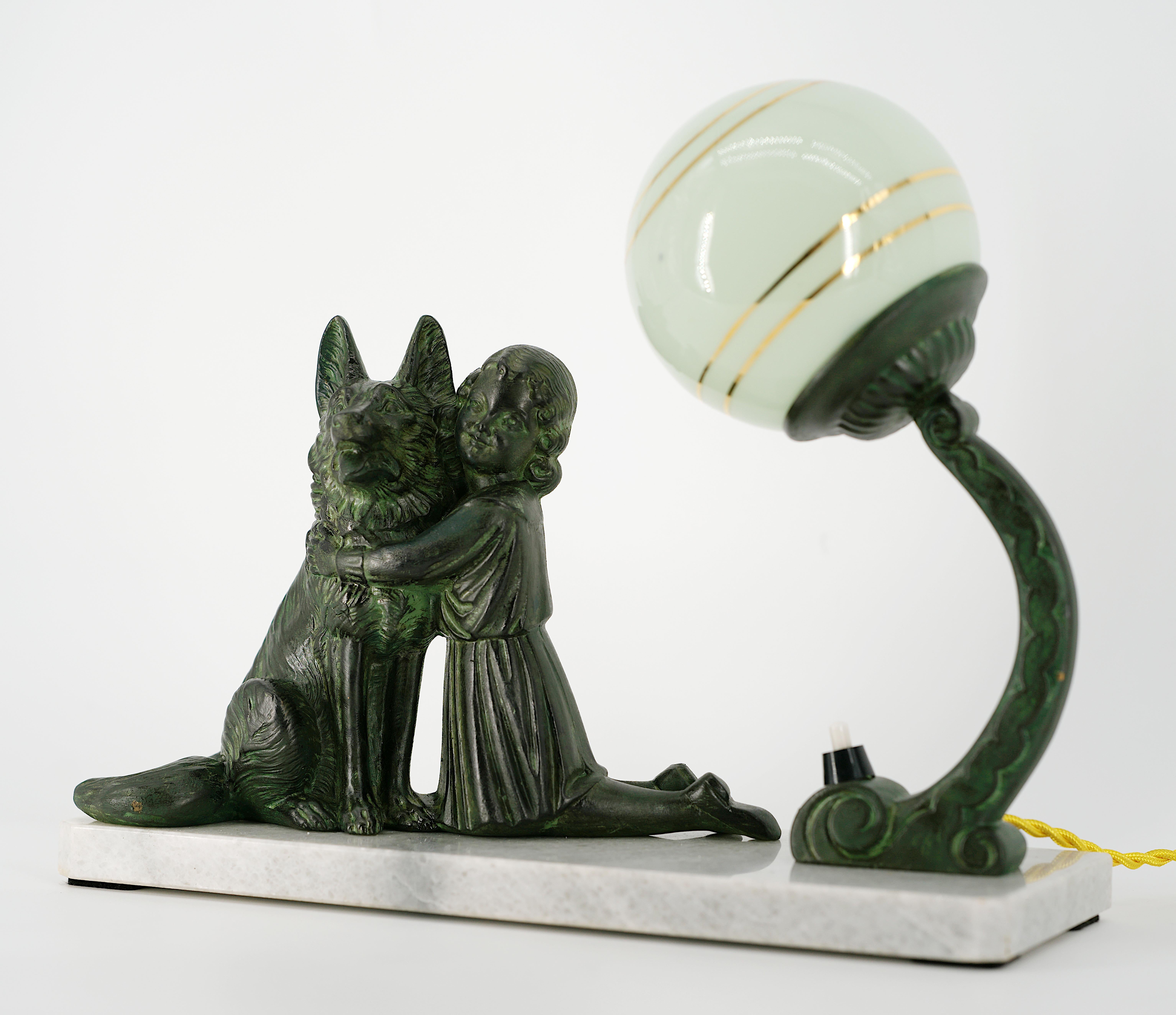 French Art Deco Young Girl and German Shepherd Sculpture Table Lamp ...