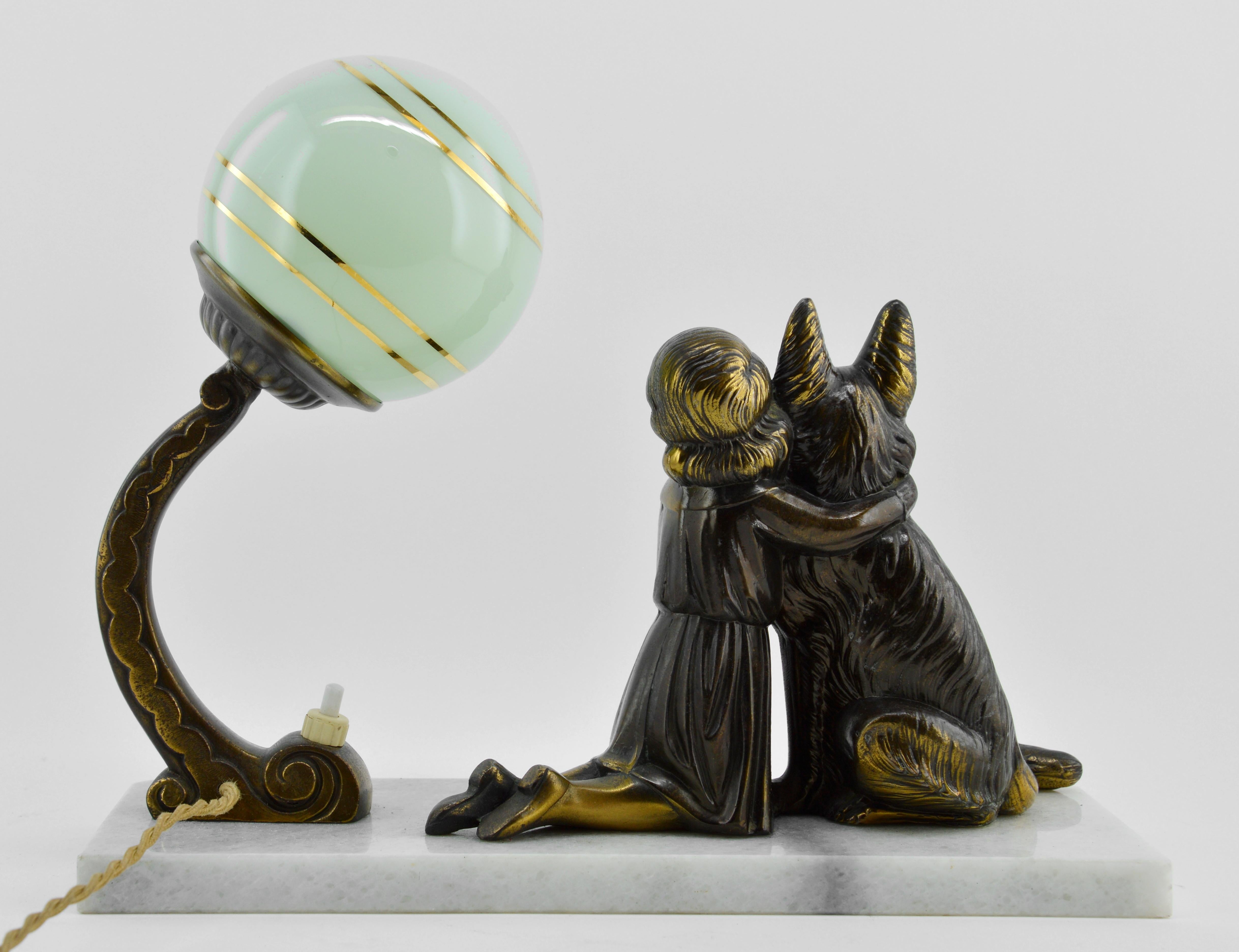 French Art Deco Young Girl and German Shepherd Sculpture Table Lamp ...
