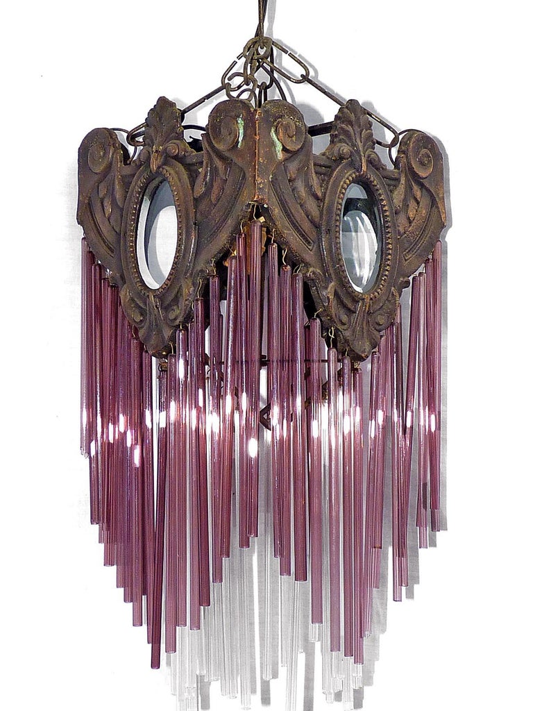 French Art Nouveau and Art Deco Bronze Purple Pink Glass Fringe ...