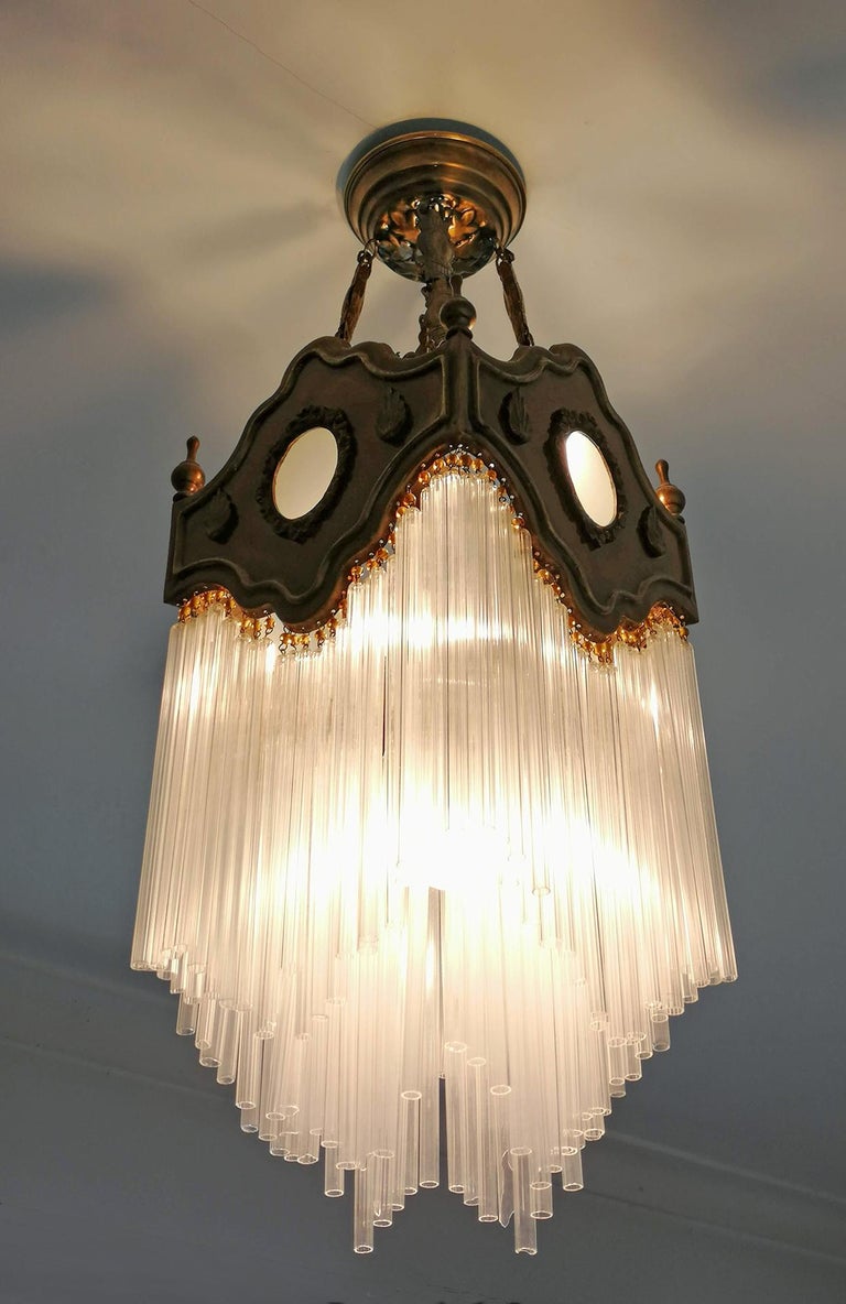 French Art Nouveau Art Deco Gilded Amber Beaded Glass Fringe Chandelier ...