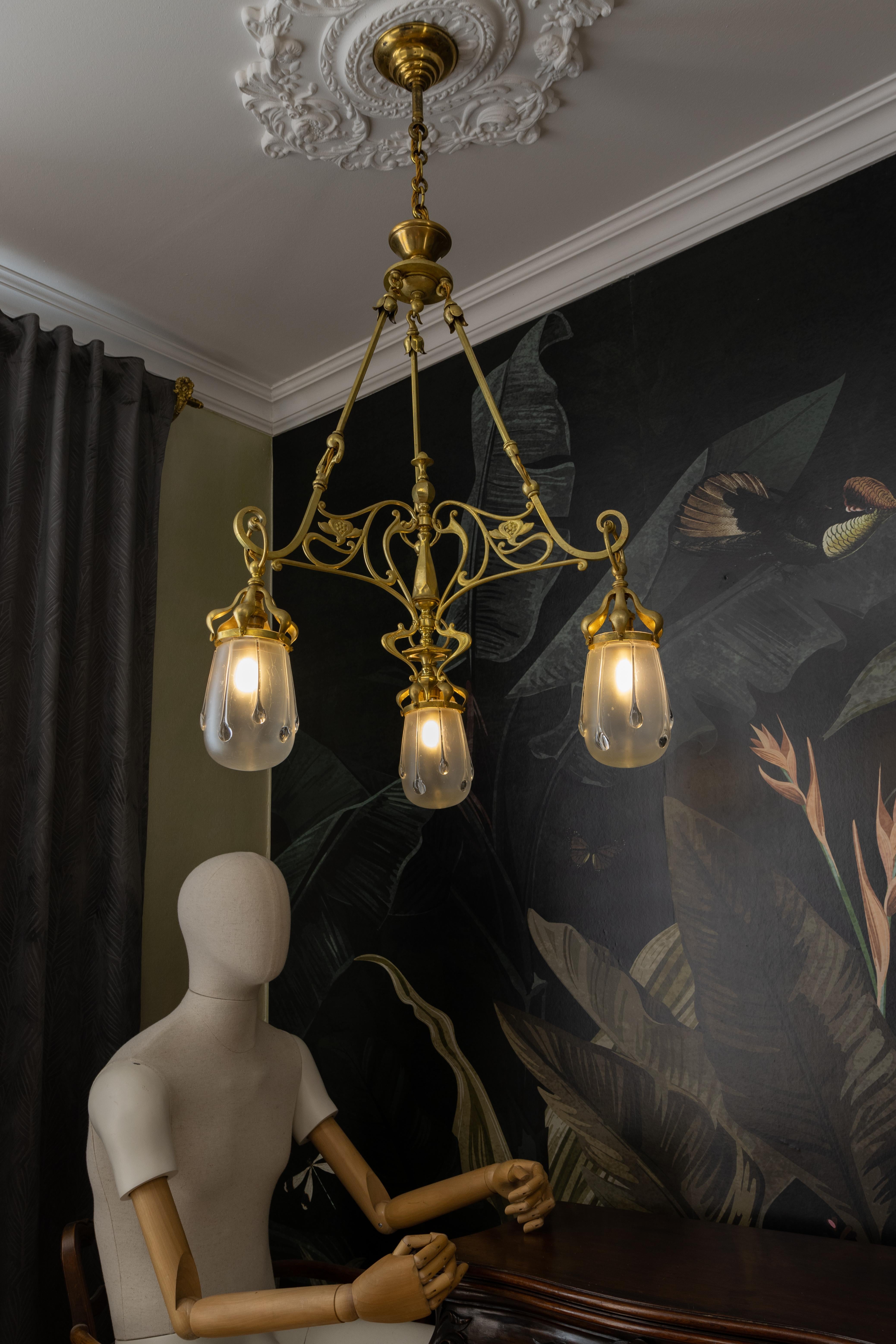 French Art Nouveau Brass and Frosted Glass Three-Light Chandelier ...