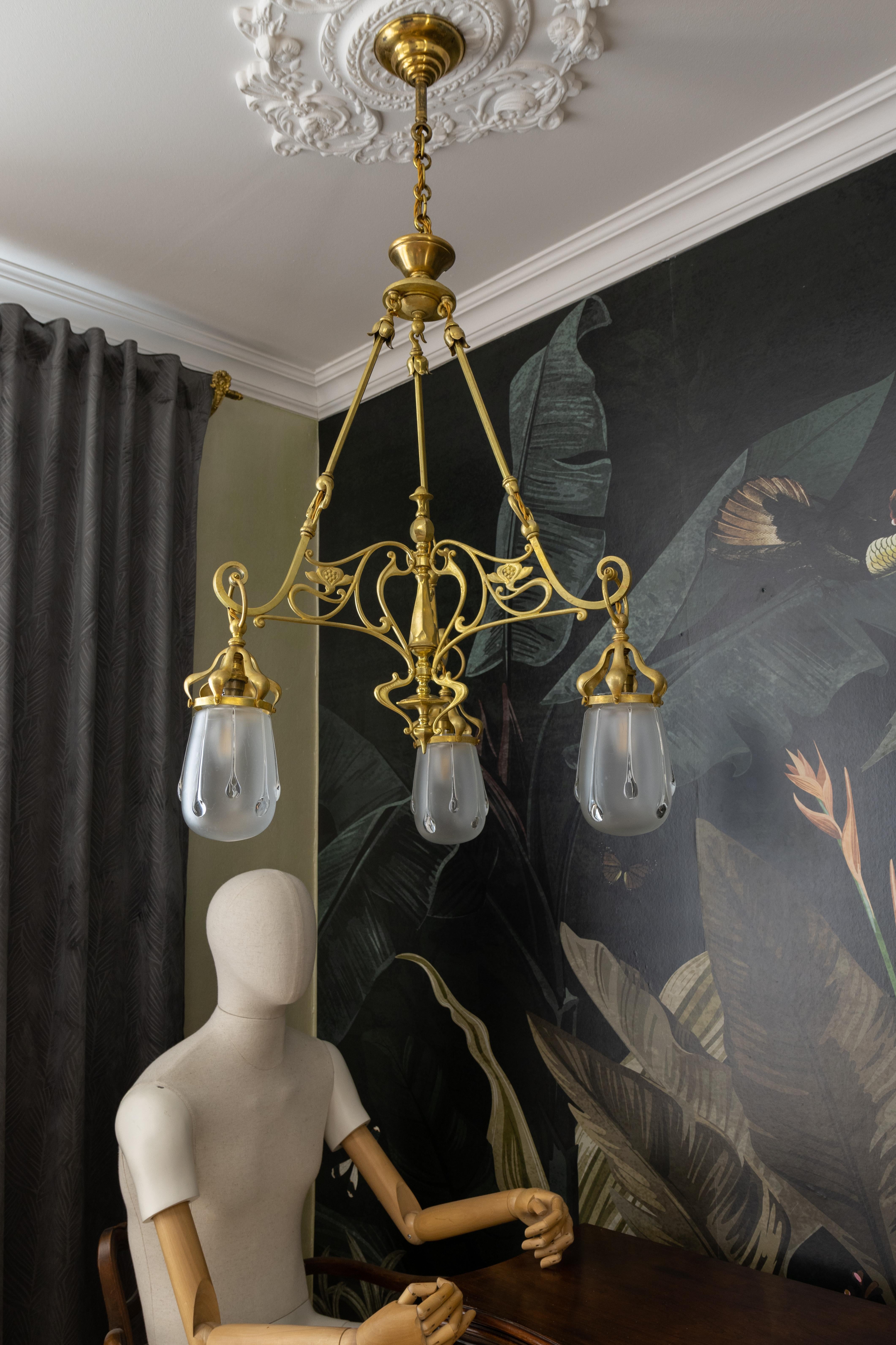 French Art Nouveau Brass and Frosted Glass Three-Light Chandelier ...