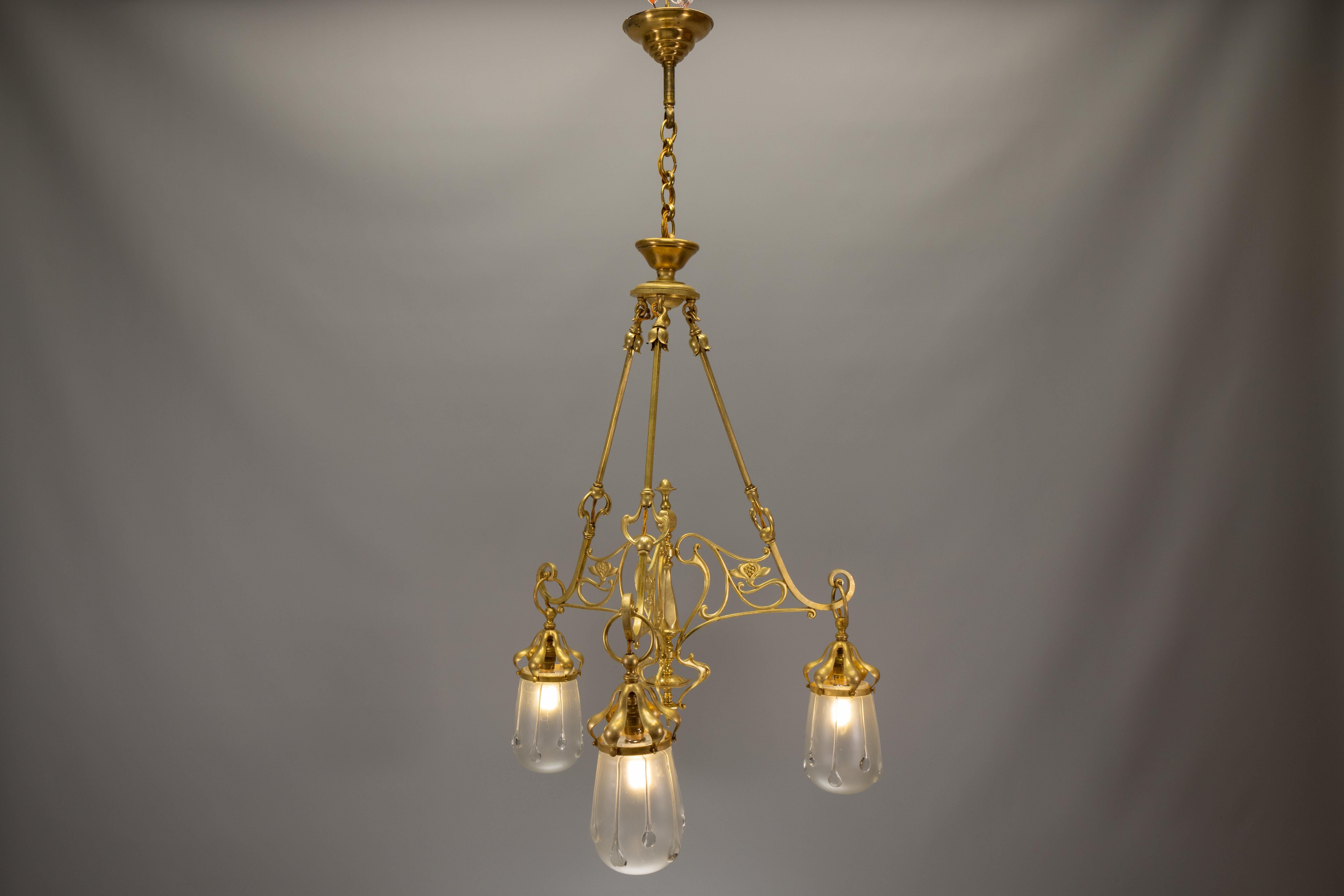 French Art Nouveau Brass and Frosted Glass Three-Light Chandelier ...