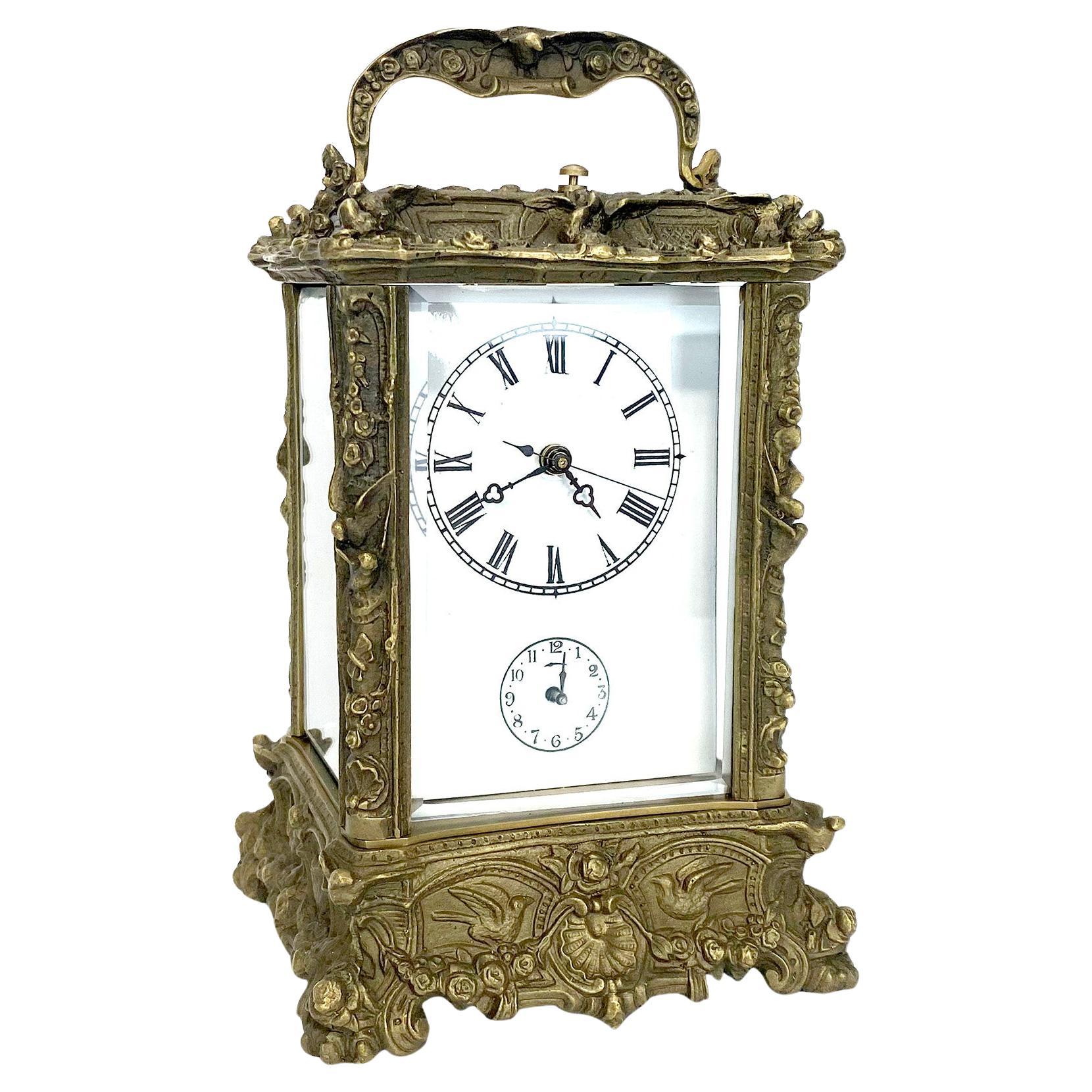 French Floral Blue Enamel Brass 8 Day Repeater Calendar Carriage Clock ...