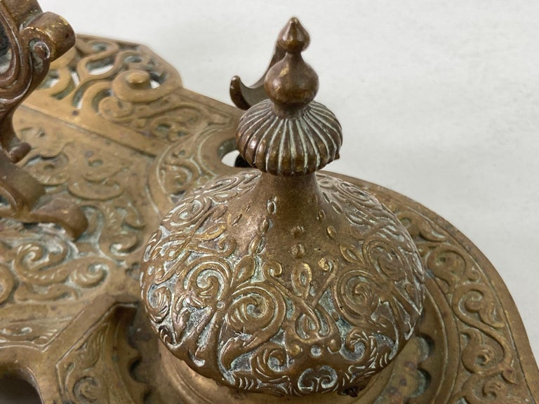 French Art Nouveau Brass Footed Double Ink Well Filigree Bronze Moorish ...