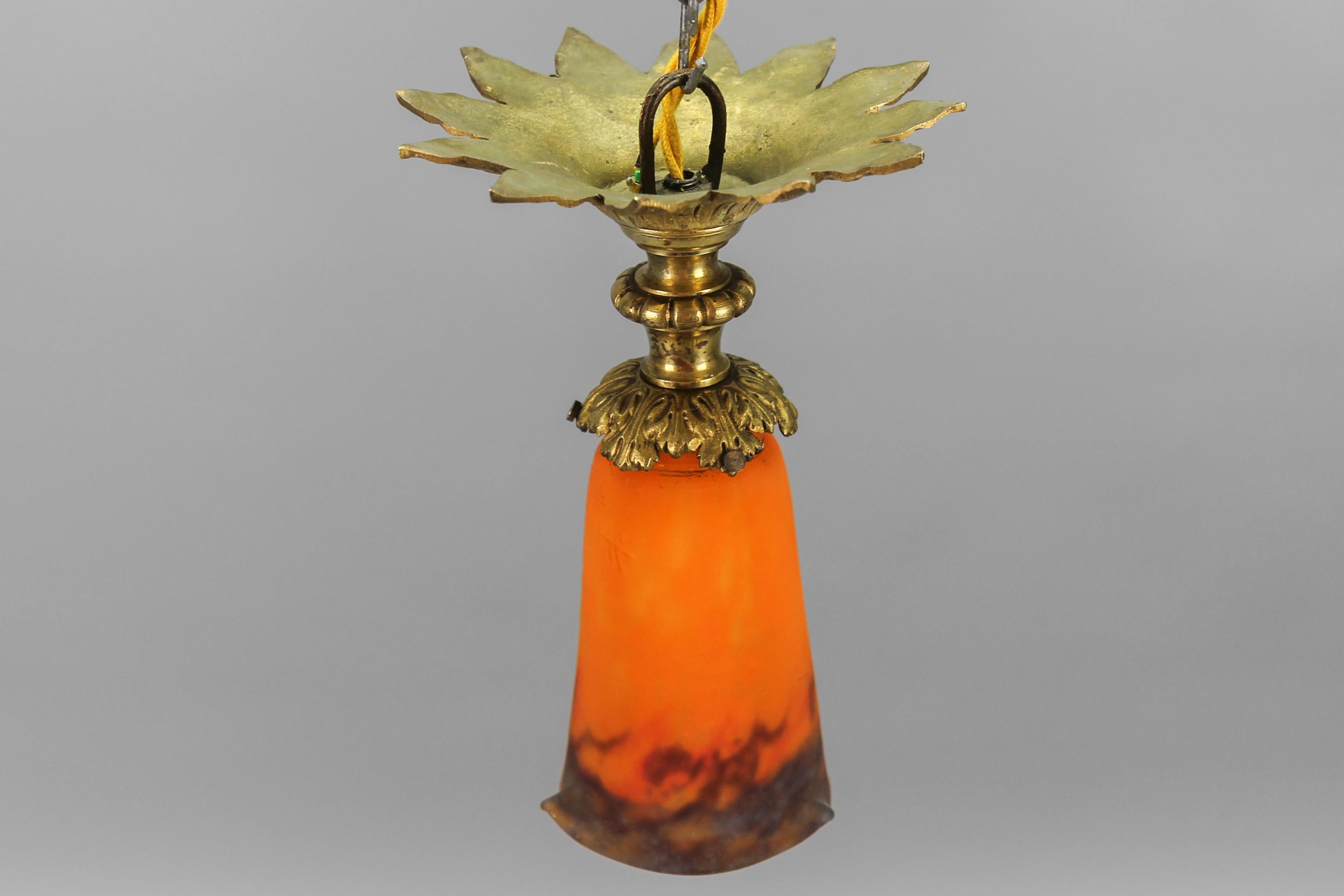 French Art Nouveau Bronze and Muller Frères Luneville Orange Glass ...