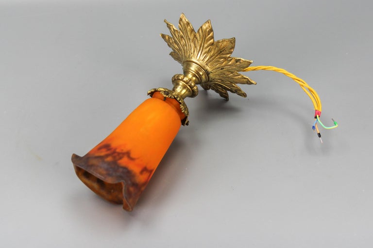 French Art Nouveau Bronze and Muller Frères Luneville Orange Glass ...