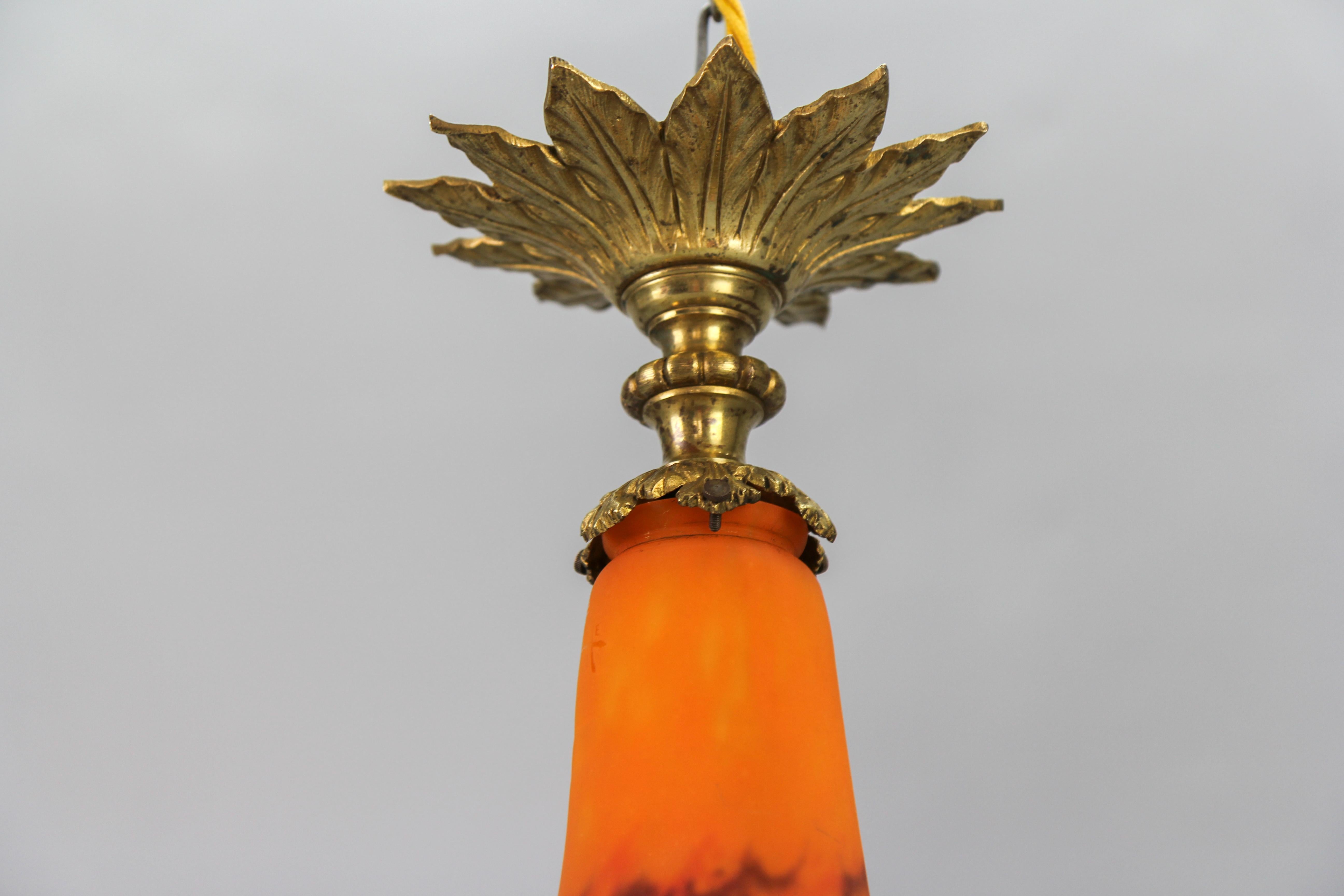 French Art Nouveau Bronze and Muller Frères Luneville Orange Glass ...