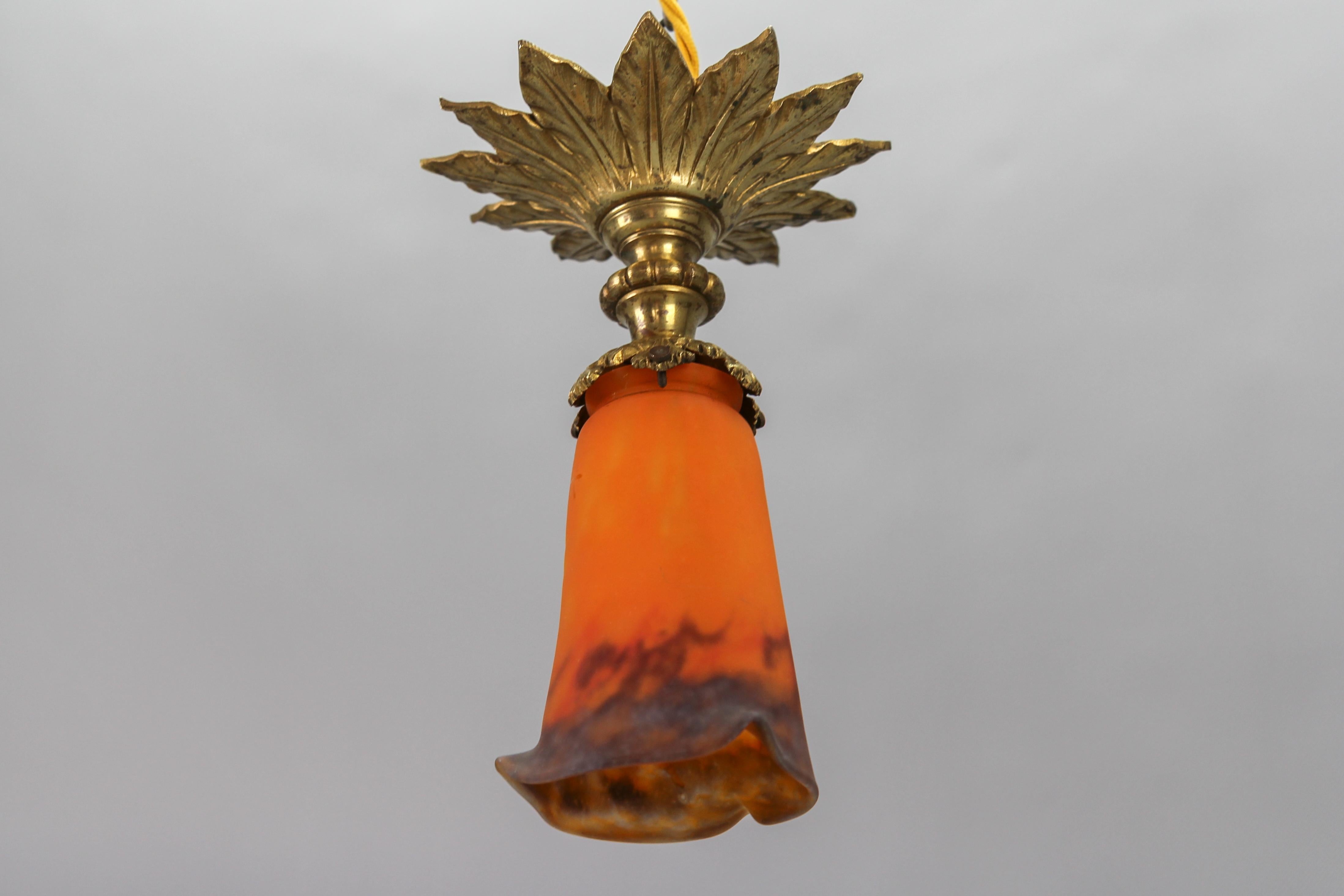 French Art Nouveau Bronze and Muller Frères Luneville Orange Glass ...