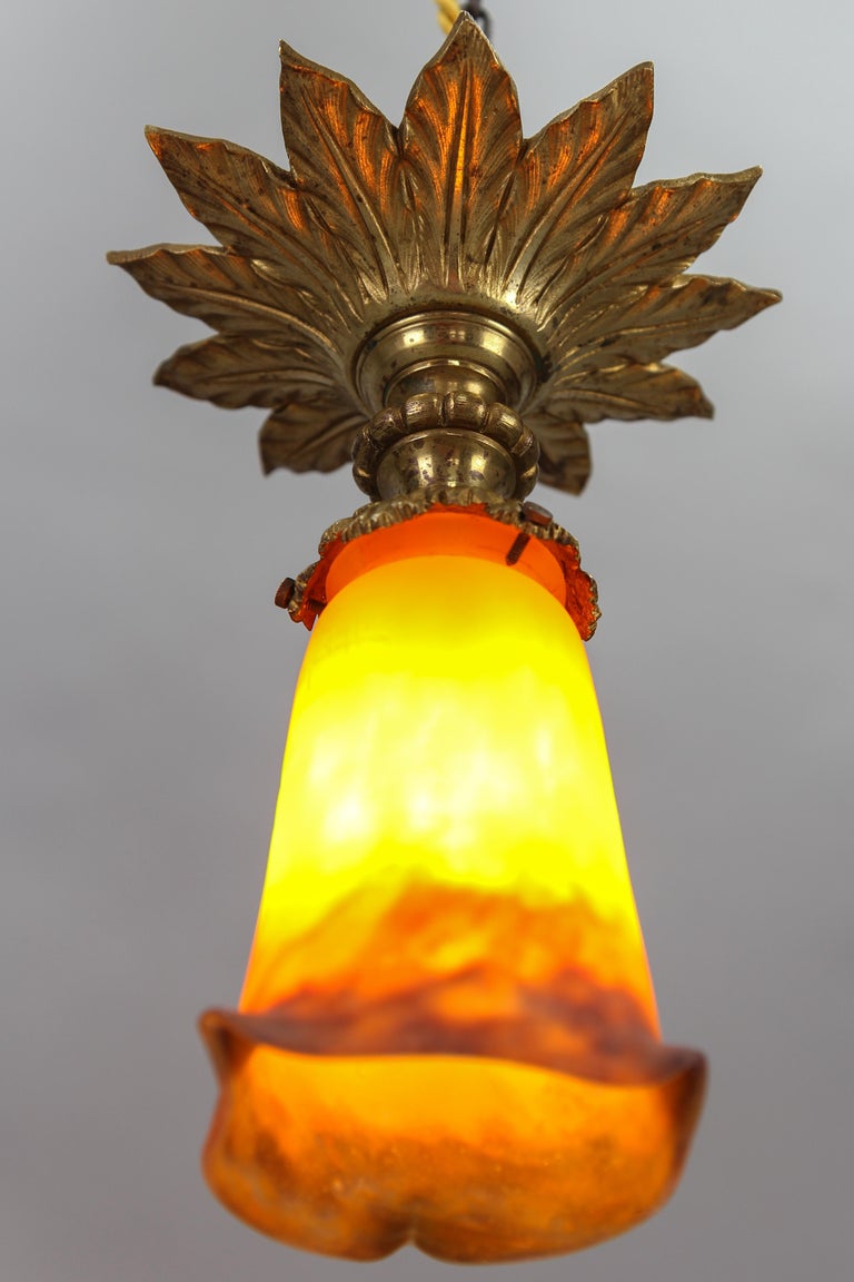 French Art Nouveau Bronze and Muller Frères Luneville Orange Glass ...