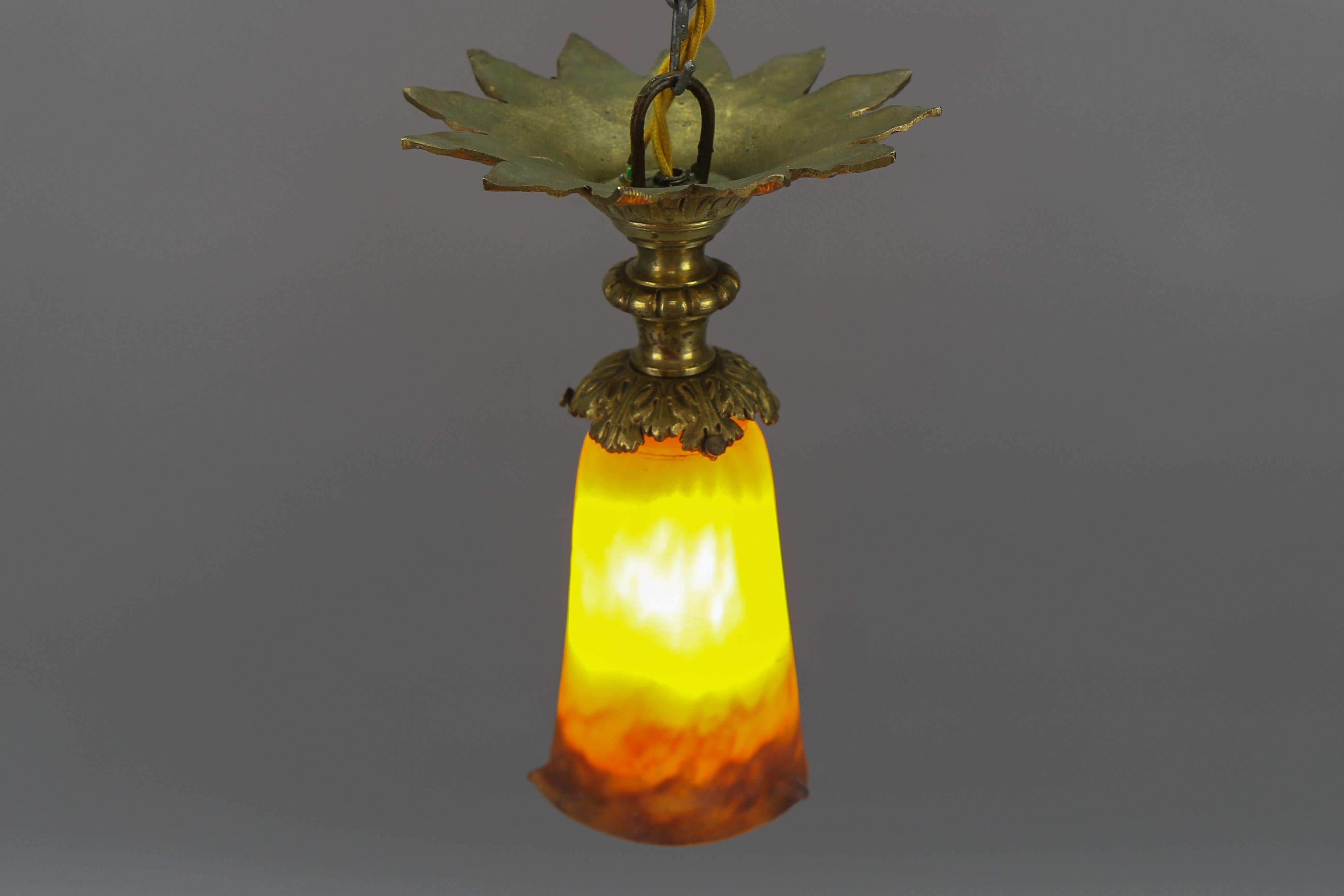 French Art Nouveau Bronze and Muller Frères Luneville Orange Glass ...