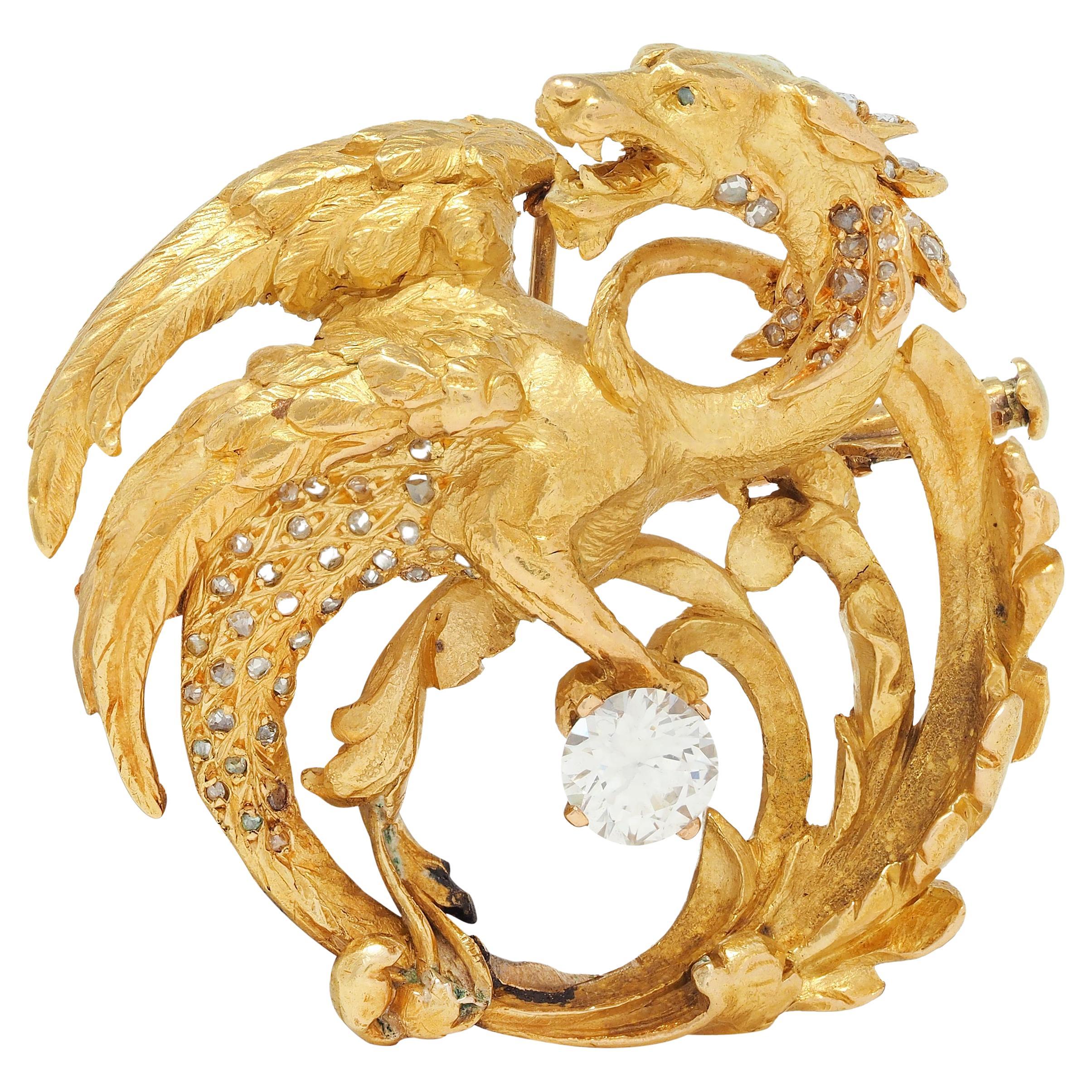 French Art Nouveau Diamond 18 Karat Yellow Gold Dragon Antique Pendant ...