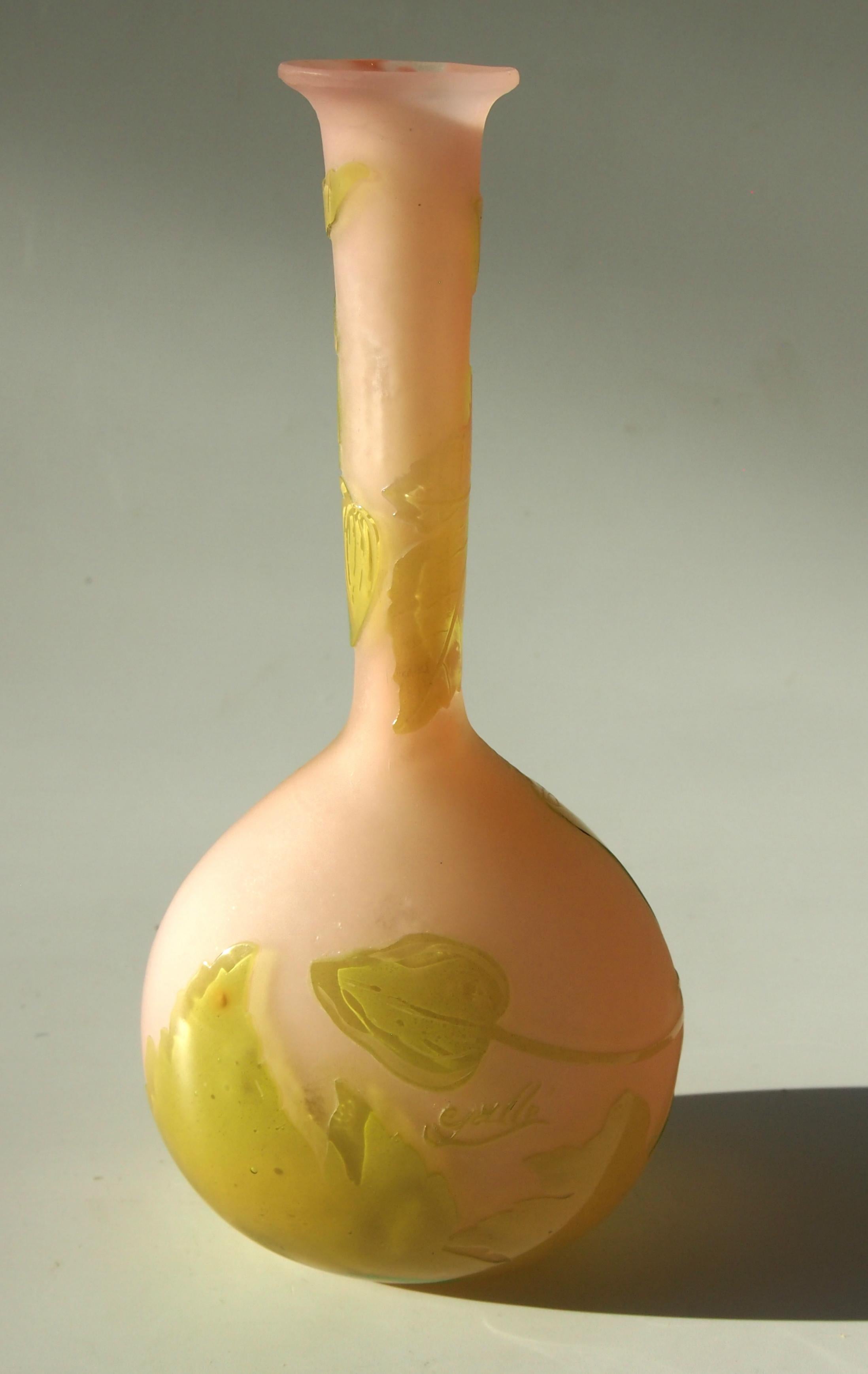 French Art Nouveau Emile Galle Cameo Glass Botanical Banjo Vase, circa ...