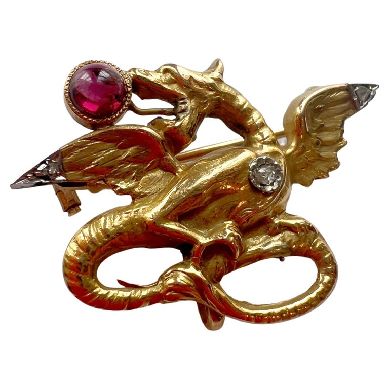 French Art Nouveau Era 18k Gold Diamond Tourmaline Chimera Brooch For ...