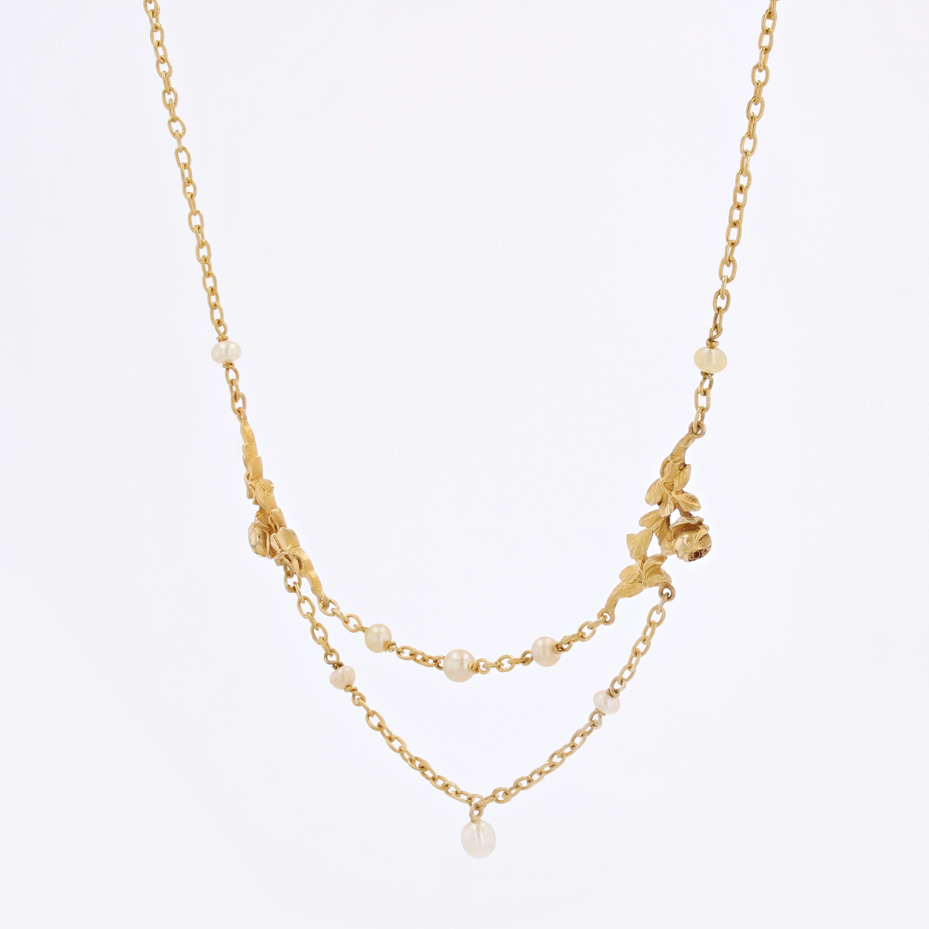 French Art Nouveau Fine Pearl 18 Karat Yellow Gold Drapery Necklace at ...