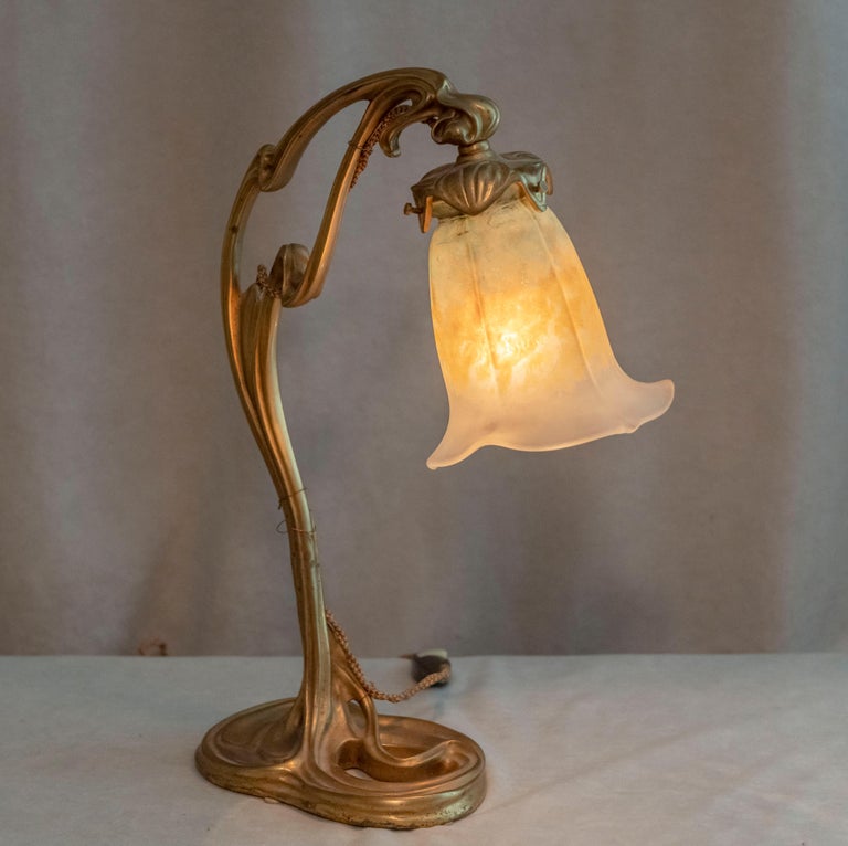 French Art Nouveau Gilt Bronze Base w/ Signed Daum Nancy Hand Blown ...