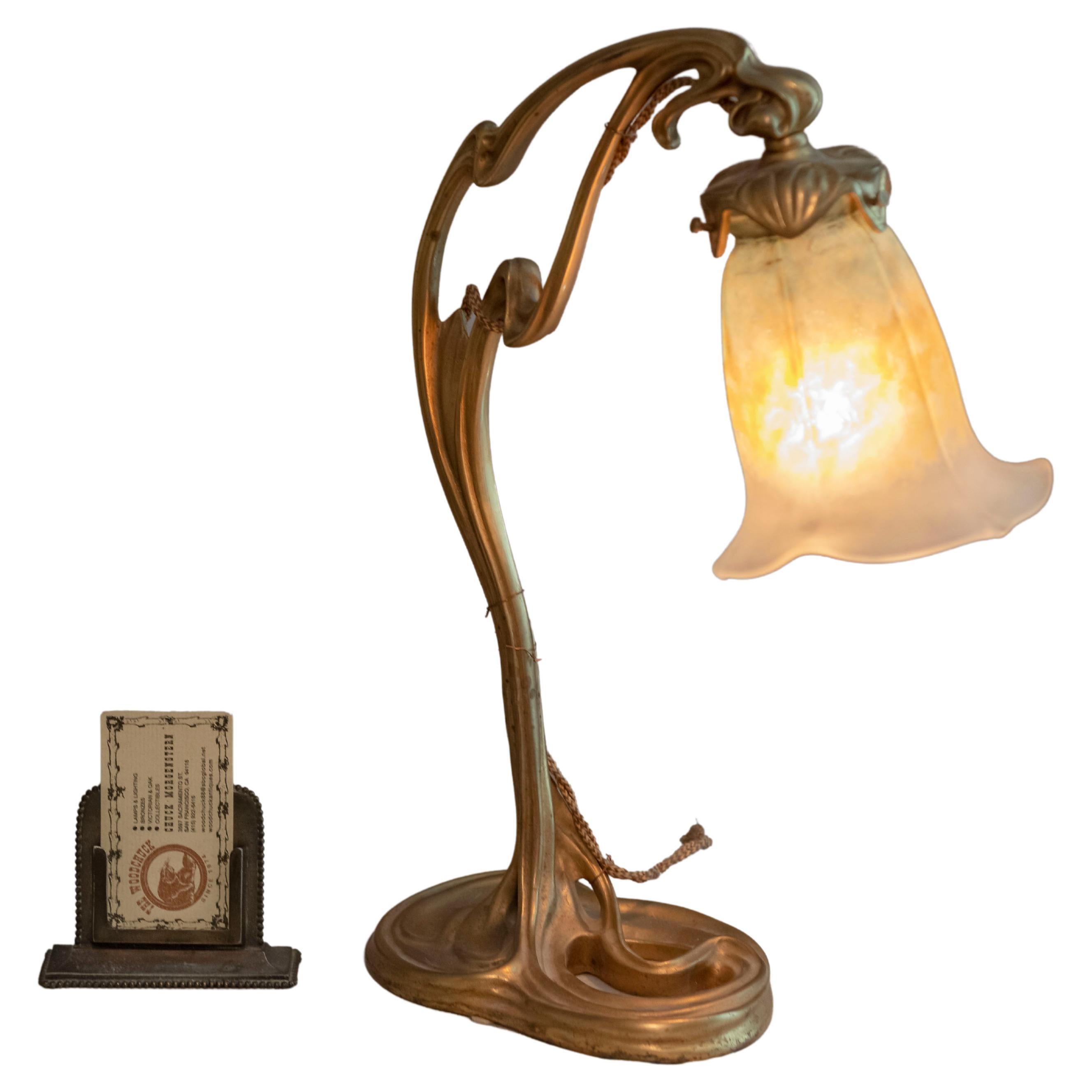 Art Nouveau Bronze and Bent Slag Glass Lamp by Gorham at 1stDibs