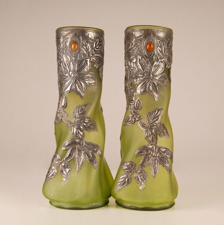 French Art Nouveau Green Pate De Verre Pewter and Glass Paste Jewelled ...