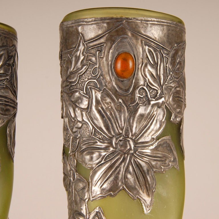 French Art Nouveau Green Pate De Verre Pewter and Glass Paste Jewelled ...