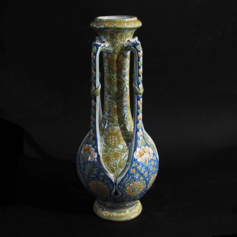French Art Nouveau Polychrome Majolica Vase with Four Handles by Gibus ...
