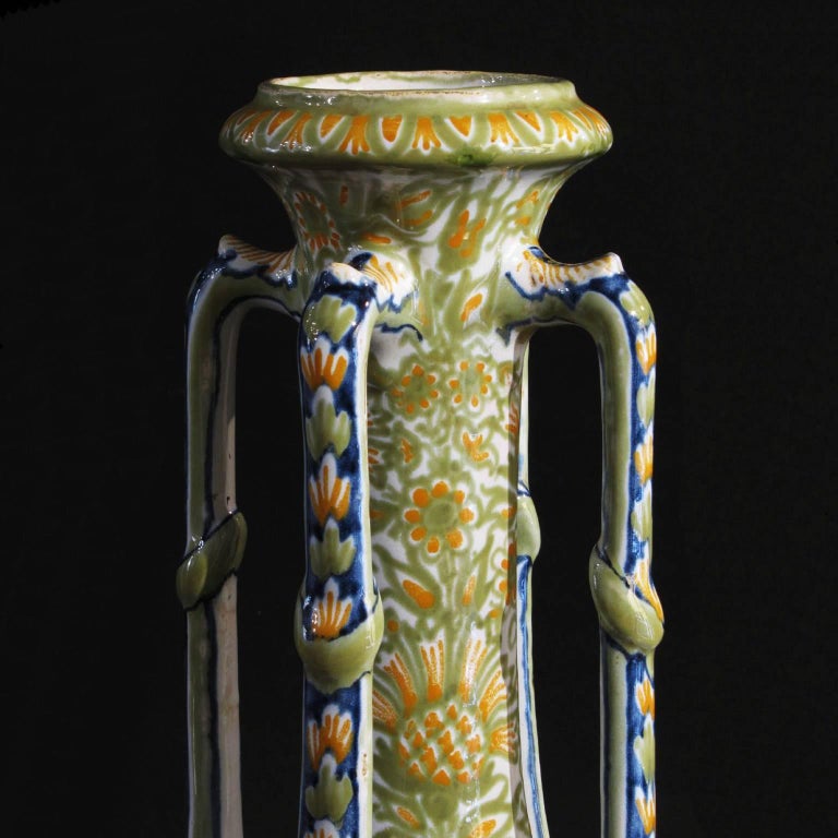French Art Nouveau Polychrome Majolica Vase with Four Handles by Gibus ...