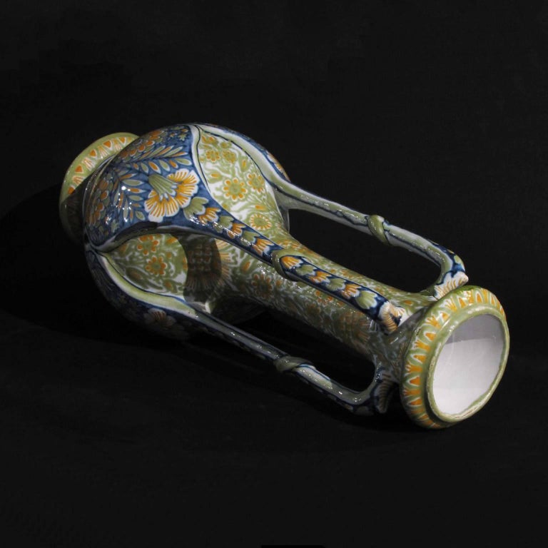French Art Nouveau Polychrome Majolica Vase with Four Handles by Gibus ...