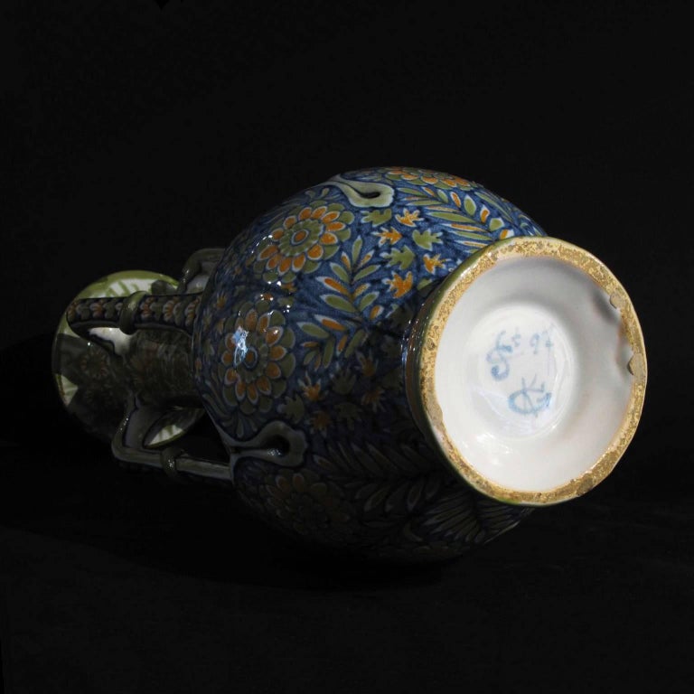 French Art Nouveau Polychrome Majolica Vase with Four Handles by Gibus ...