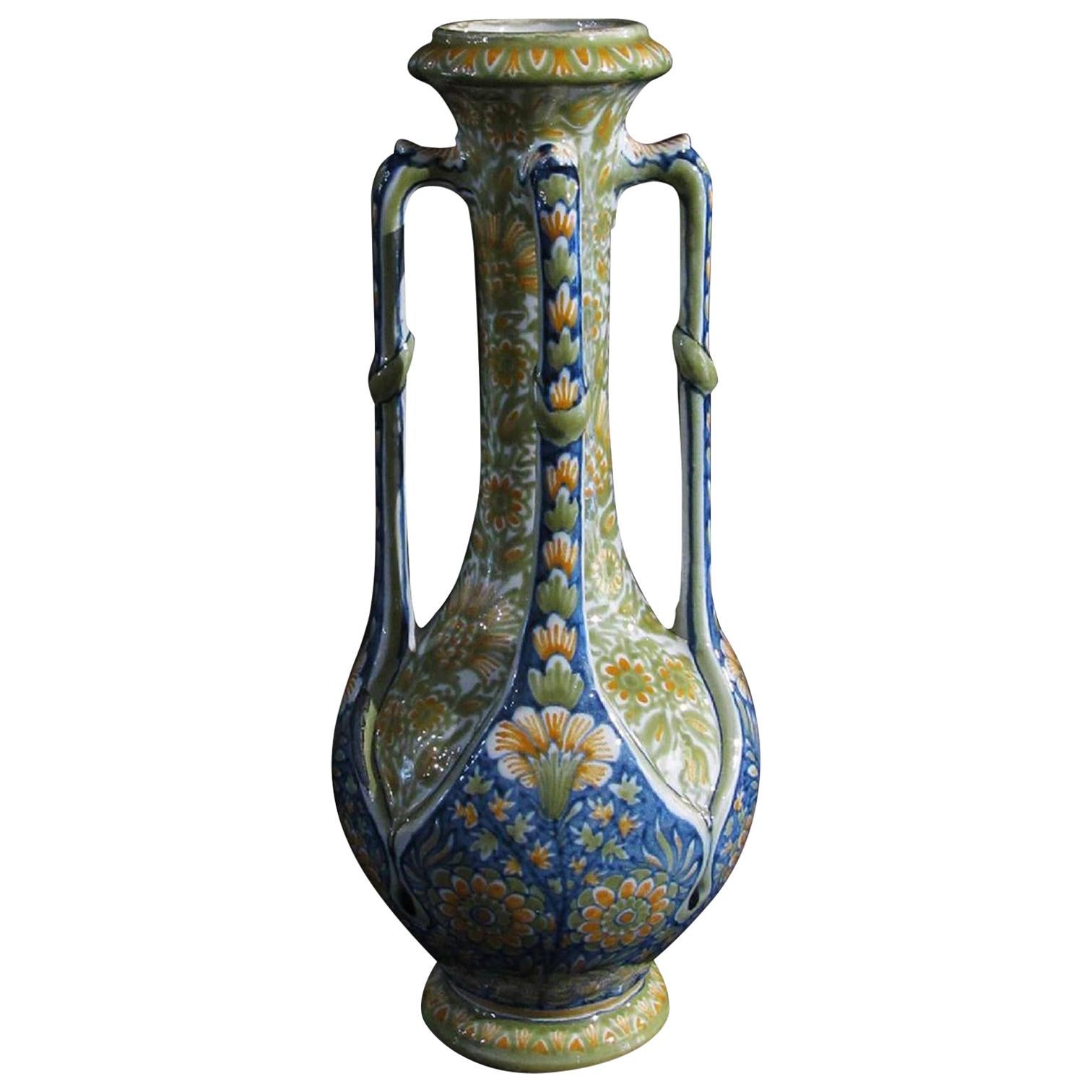 French Art Nouveau Polychrome Majolica Vase with Four Handles by Gibus ...