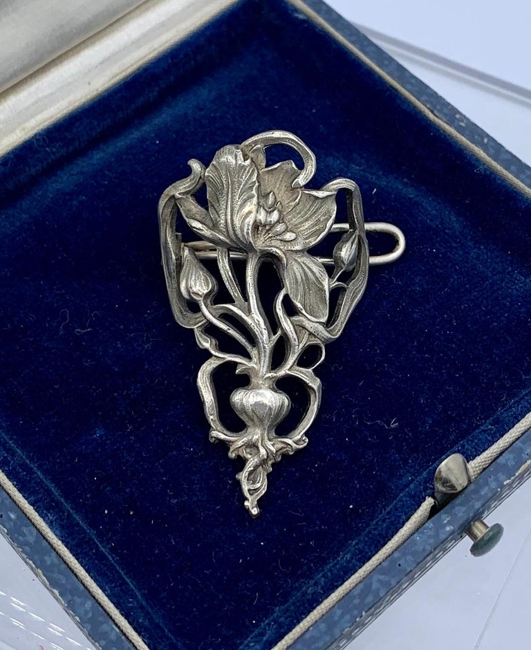 French Art Nouveau Poppy Flower Scarf Brooch Pin Silver Antique, 1900 ...