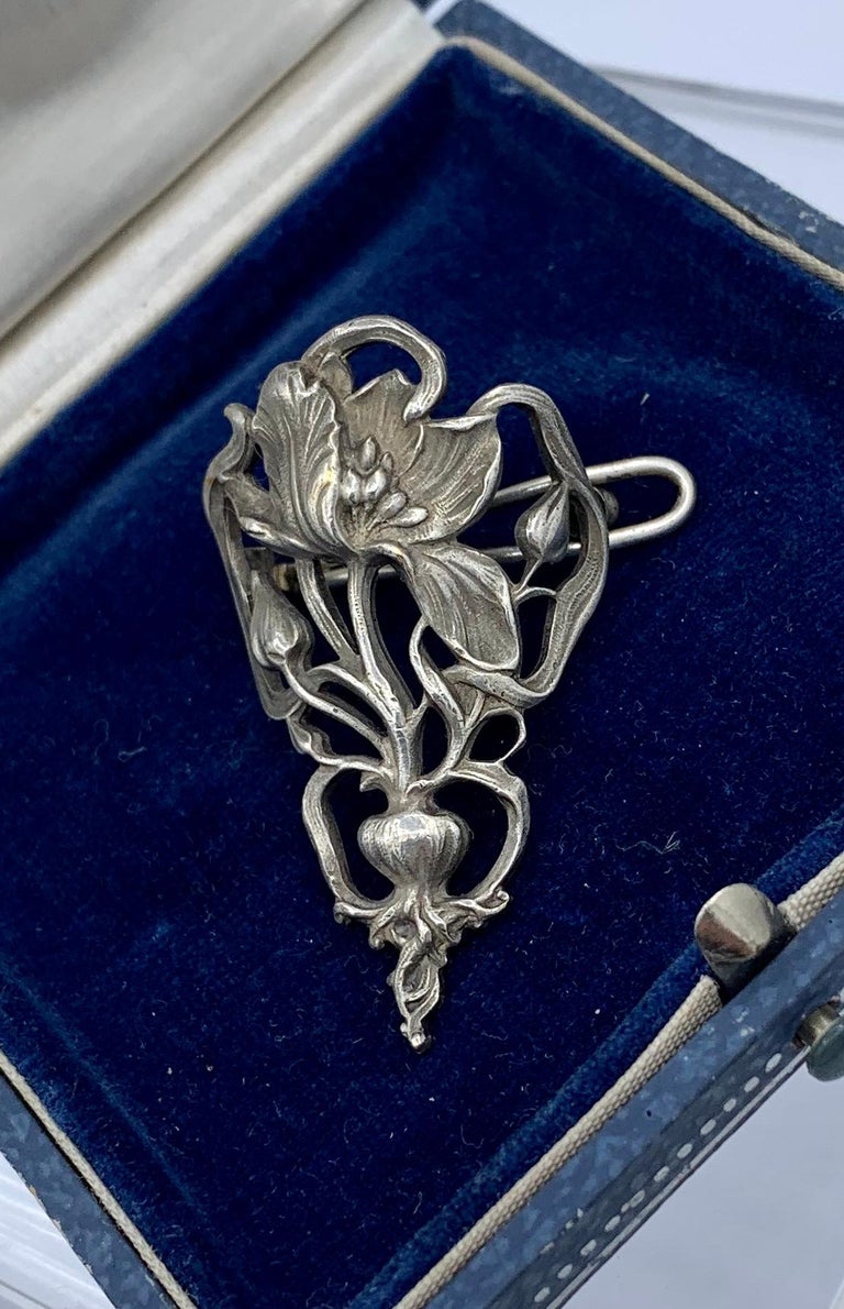 French Art Nouveau Poppy Flower Scarf Brooch Pin Silver Antique, 1900 ...