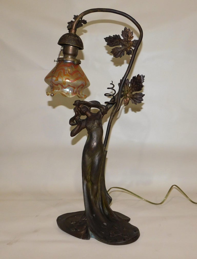 French Art Nouveau Spelter Table Lamp with Vintage Loetz Art Glass ...