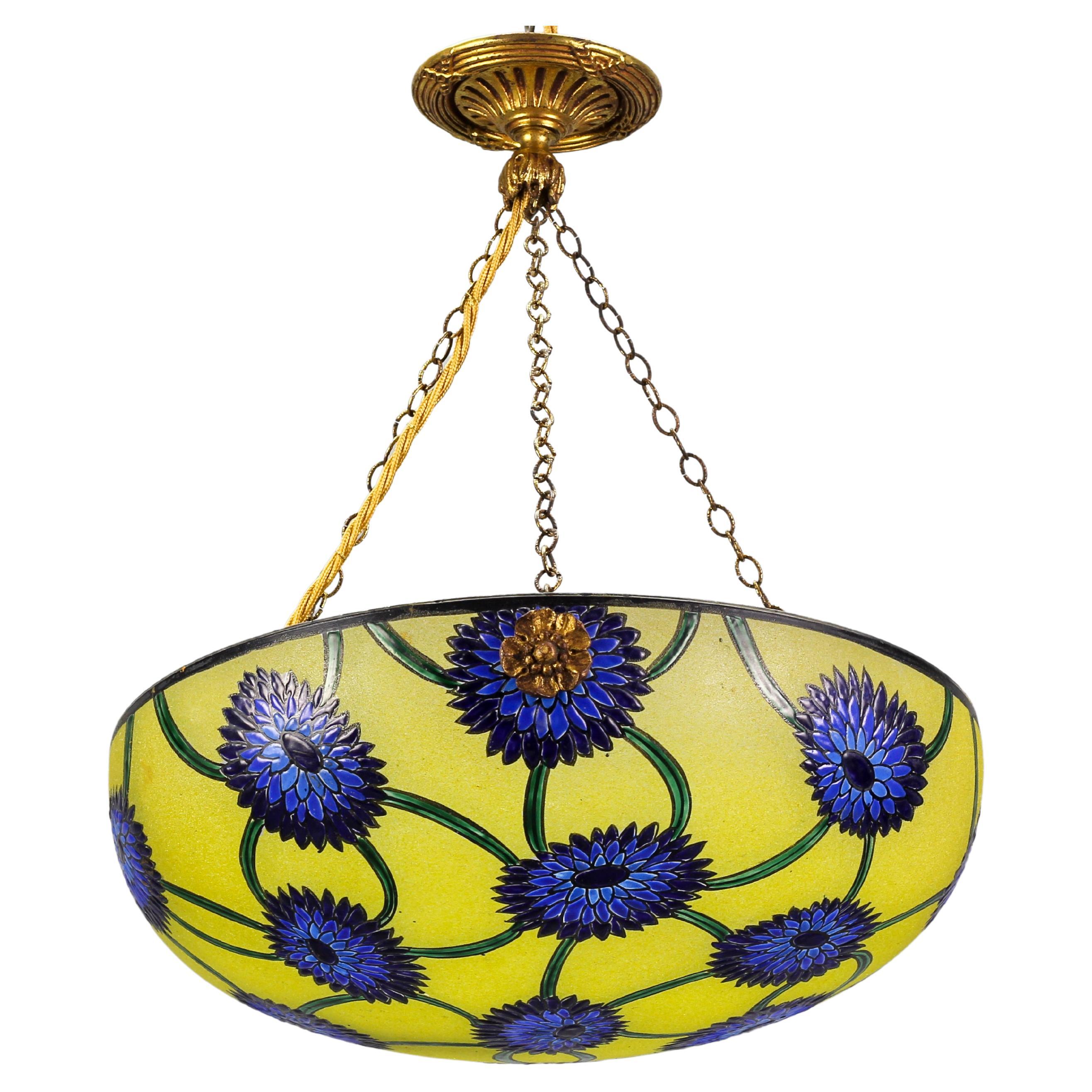 French Art Nouveau Yellow Glass Ceiling Light with Blue Flower Design ...