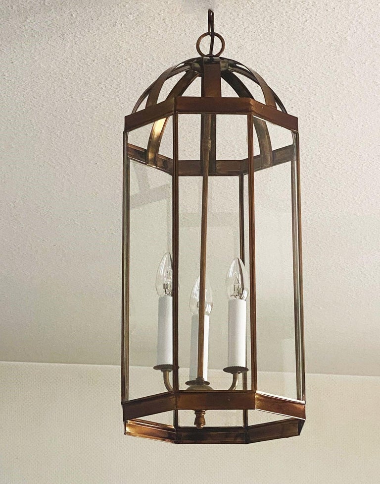 French Arte Deco Patinated Brass Clear Glass Eight-Sided Lantern, 1930s ...