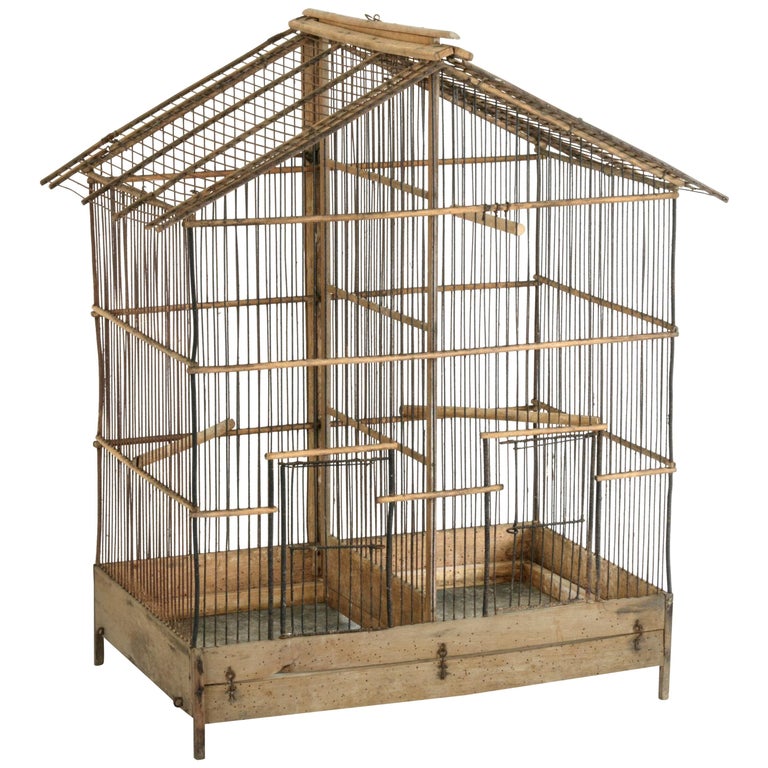 French Artisan Made Oak and Wire Bird Cage with Two Compartments and ...