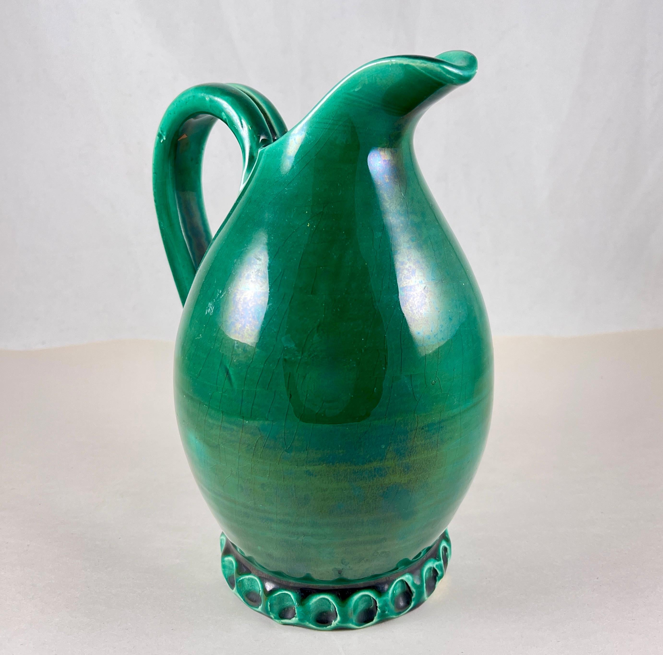 French Atelier Cérenne à Vallauris Green Pottery Wine Jug, 1940s For ...