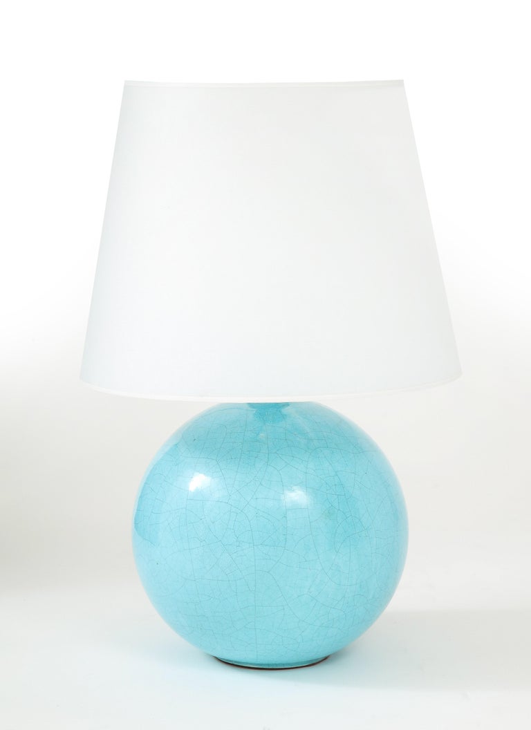 French Azure Blue Cracqueleur Glaze Lamp, Parchment Shade, France, c ...