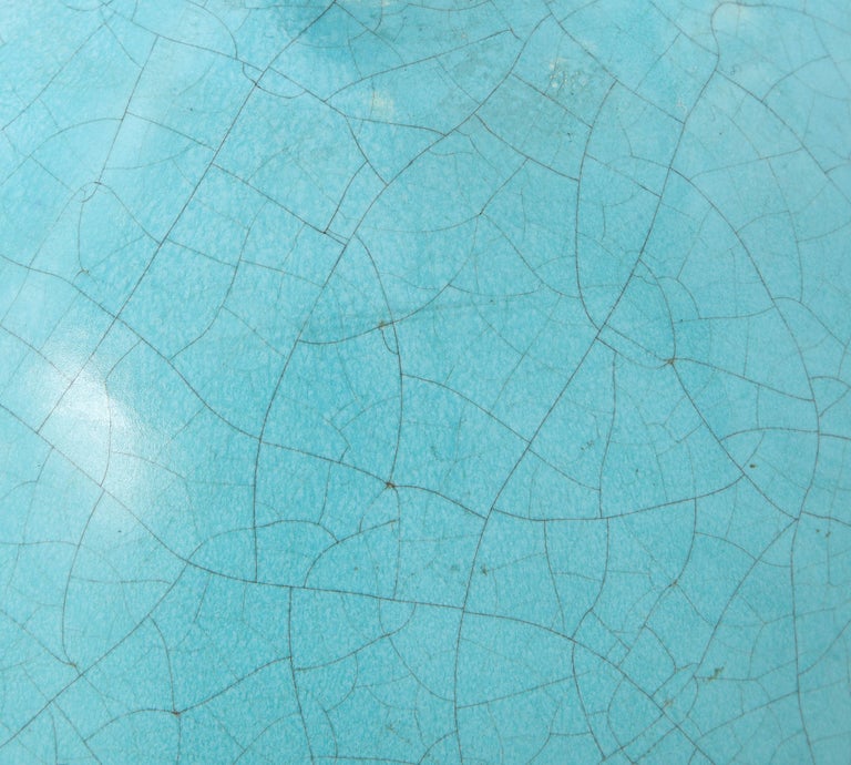 French Azure Blue Cracqueleur Glaze Lamp, Parchment Shade, France, c ...