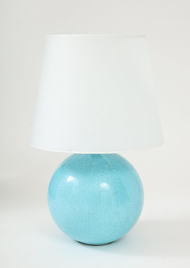 French Azure Blue Cracqueleur Glaze Lamp, Parchment Shade, France, c ...