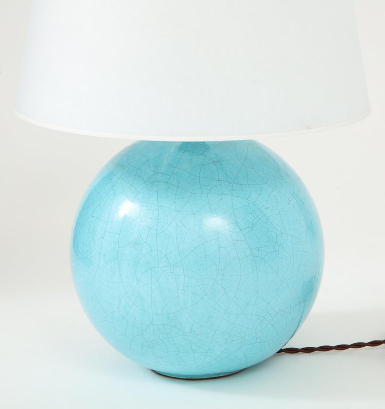 French Azure Blue Cracqueleur Glaze Lamp, Parchment Shade, France, c ...