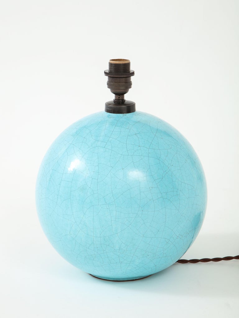 French Azure Blue Cracqueleur Glaze Lamp, Parchment Shade, France, c ...