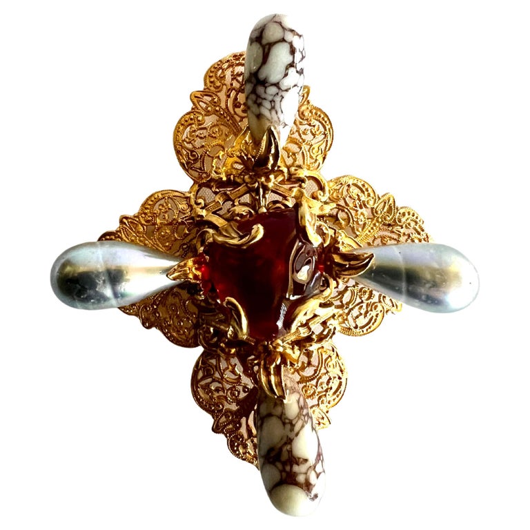 French Baroque Pearl Red Molten Glass Gilt Maltese Cross Brooch/Pendant ...